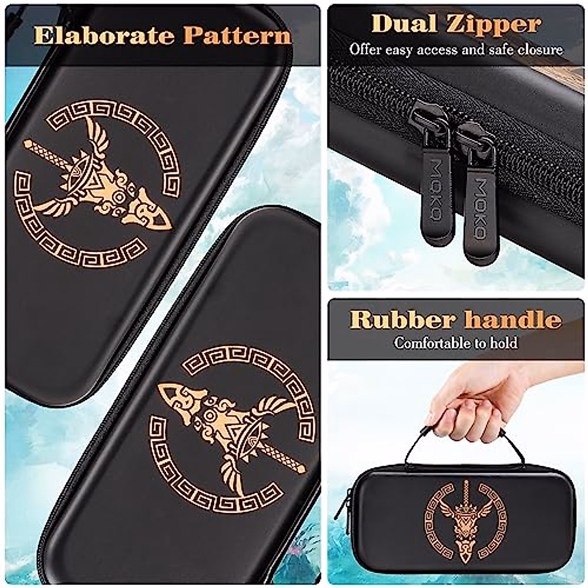 MoKo Carrying Case for Nintendo Switch OLED/Nintendo Switch, Hard Shell Travel Carry Case w/10 Games Slots, Zelda Switch Case for Zelda Tears of the Kingdom & Nintendo Switch Accessories, Black Golden