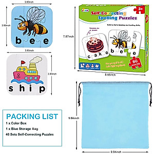 80 Words Self-Correcting Spelling Puzzles, Double-Sided Three and Four Letter Words with Matching Images, Perfect for Preschool Learning