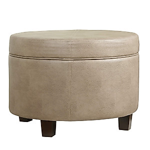 Homepop Home Decor | Upholstered Faux Leather Round Storage Ottoman | Ottoman with Storage for Living Room & Bedroom, Taupe Brown