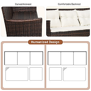 RELAX4LIFE 3 Pieces Patio Furniture Sectional Set, Rattan Wicker Conversation W/ 5 Cozy Seat & Back Cushions, Tempered Glass Coffee Table for Poolside, Balcony Outdoor Furniture (Beige+Brown)