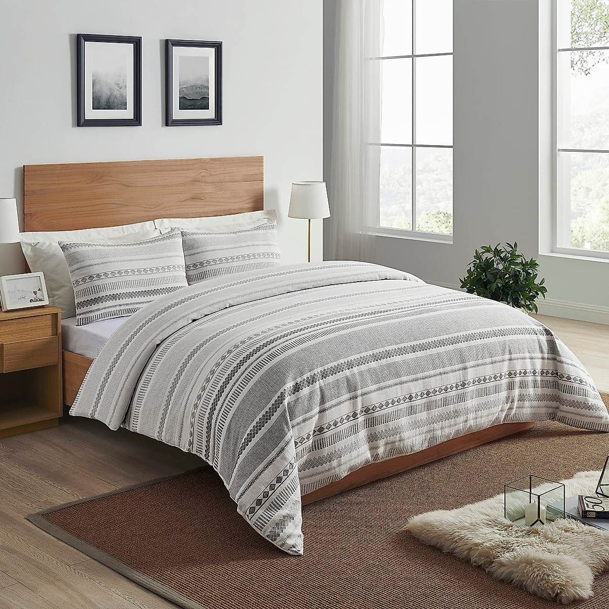 Sweet JoJo Designs Boho Black and Grey Cotton Woven Jacquard Modern Duvet Comforter Cover and Sham 3 pc. Full Queen Size Bed Bedding Set Farmhouse Patterned Ivory Bohemian Geometric Textured Neutral