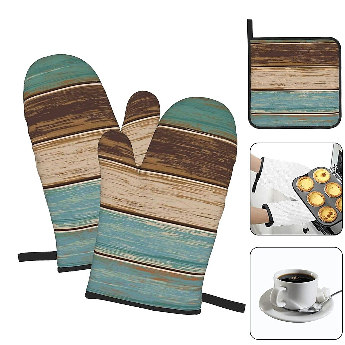 Nautical Vintage Wood Oven Mitts and Pot Holder Set - Retro Blue Ocean Rustic Oil Print Theme Hot Pad Waterproof Heat Resistant Kitchen Microwave Gloves for Cooking BBQ Baking Grilling