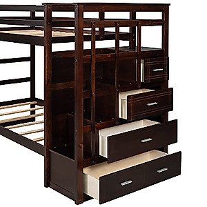 Solid Wood Twin Over Twin Bunk Bed, Trundle Bunk Beds with 4 Storage Drawers, Staircase and Safety Guard Rail, No Box Spring Needed (Espresso)