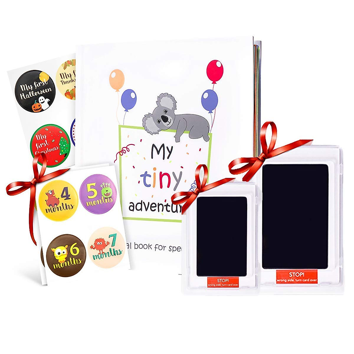 Baby Memory Book + Large & Small Clean-Touch Ink Pad + 28 Monthly & Milestone Stickers. The Perfect Newborn Bundle for A New Mom by Tiny Gifts