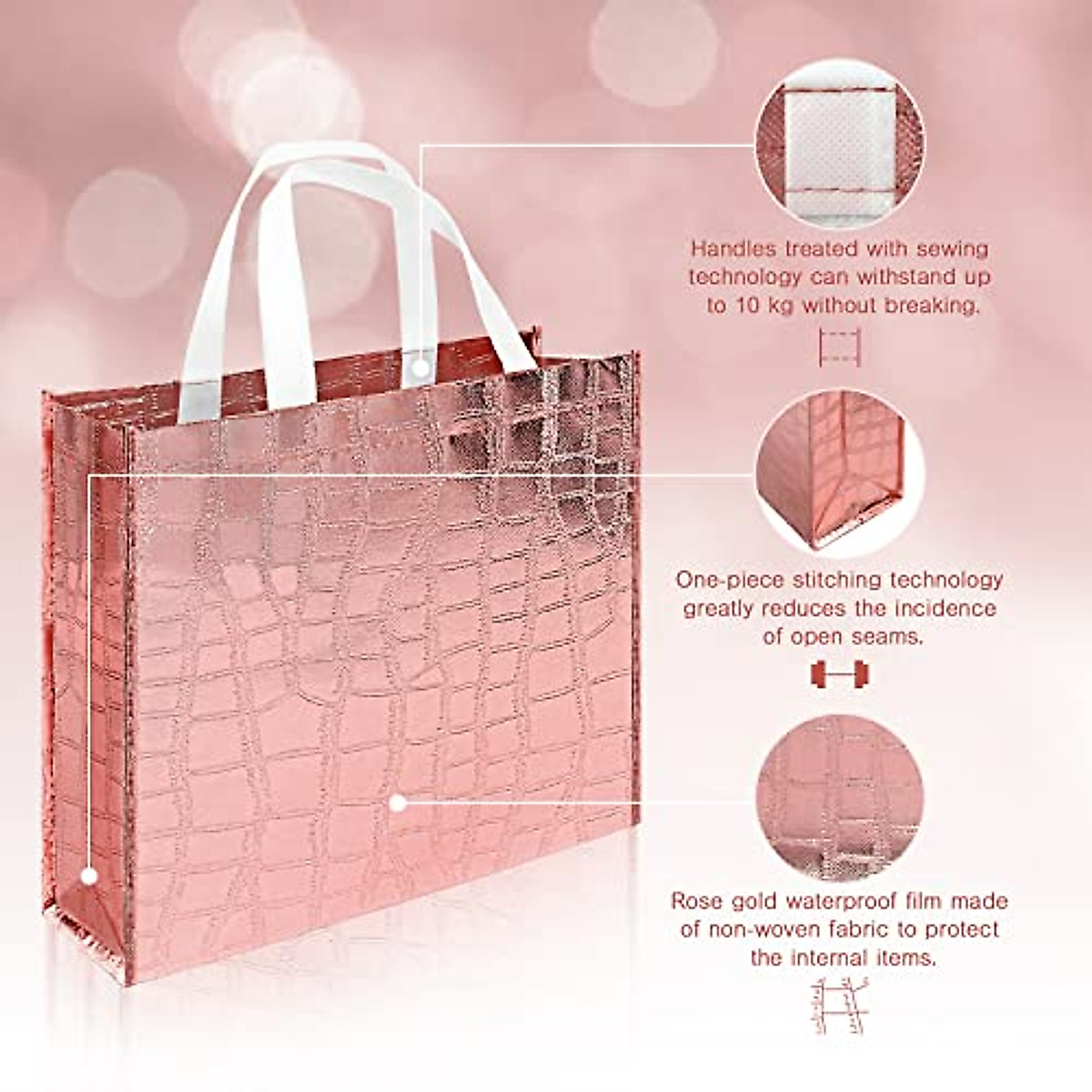 LadyRosian 12 Pcs Reusable Glossy Rose Gold Gift Bag, Non-woven Tote Grocery Bag with Handle, Foldable Party Favor Gift Bags for Bridesmaid, Wedding, Party, Birthday, Valentines, Proposal