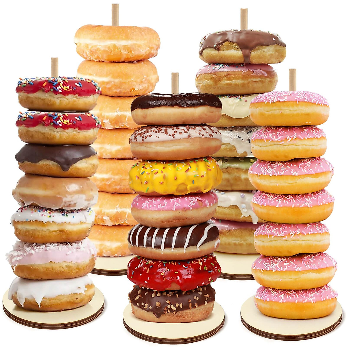 YGAOHF 5 PCS Reusable Wooden Donut Stands for Dessert Table - Detachable Doughnut Holder Bagels Display Stand Holder for Wedding Birthday Christmas Party Supplies