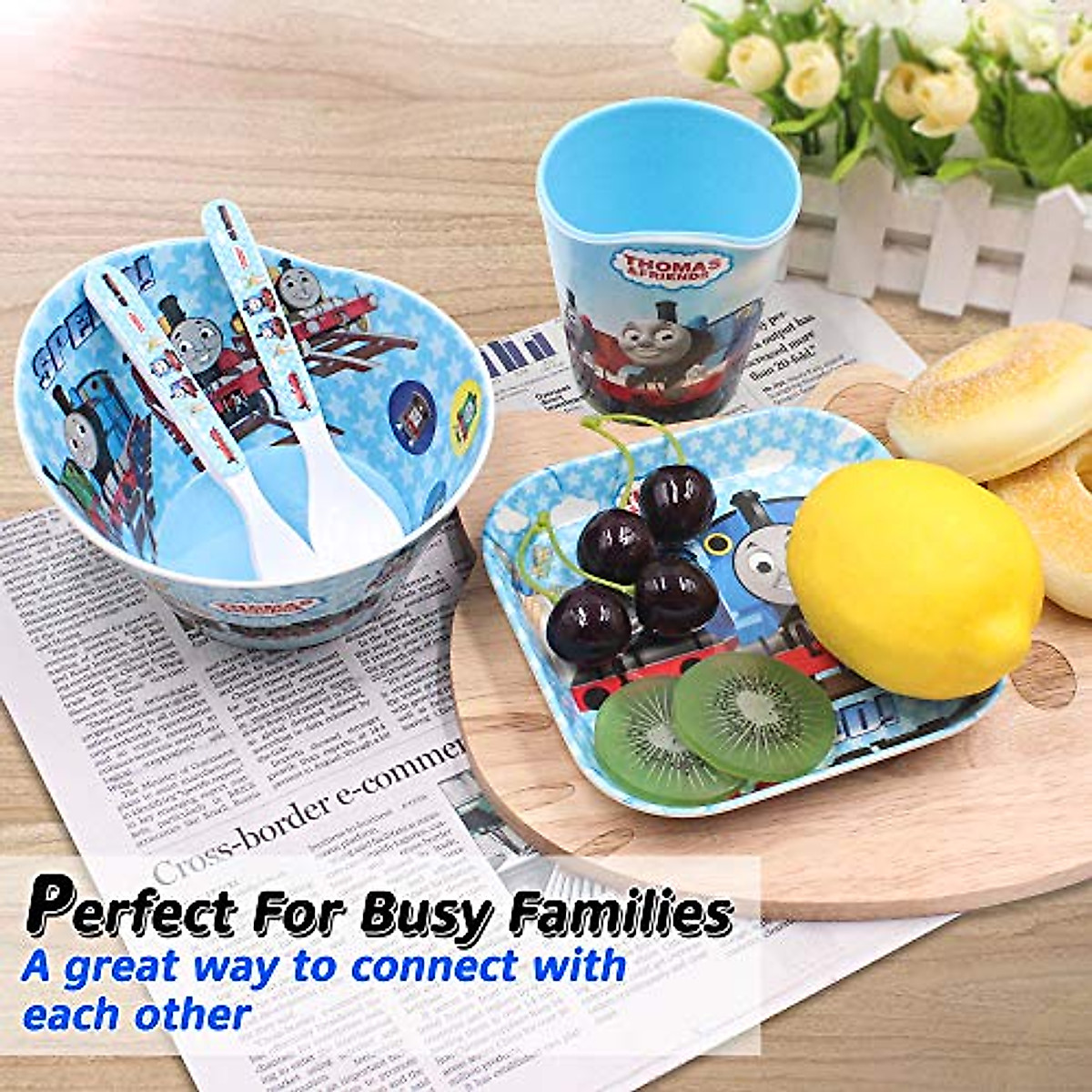 Finex Thomas the Train 5 Pcs Set Children Cartoon Durable Tableware Meal Dishes Mealtime Food Feeding Eating Set includes Dinner Serving Bowl Plate Cup with a Matching Spoon and Fork for Kids
