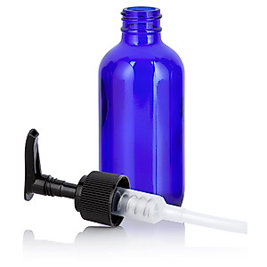 4 oz Cobalt Blue Glass Boston Round Bottle with Black Lotion Pump (12 Pack) + Funnel