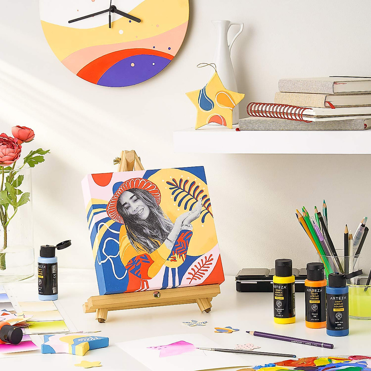 ARTEZA Craft Acrylic Paint, 2 ounce Bottles, Water-Based, Matte Finish Paints, Art Supplies for Glass, Wood, Ceramics, Fabrics, Leather, Paper