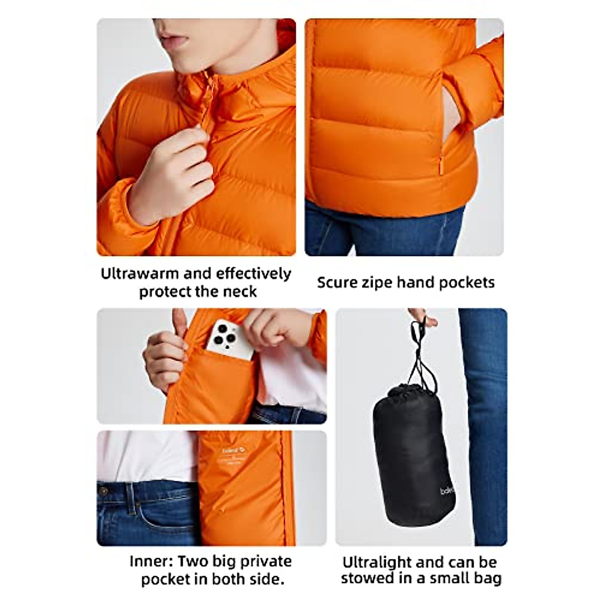 BALEAF Kids Puffer Down Jackets with Hood for Boys Girls Ultralight Packable Cold Winter Lightweight Outerwear Orange XS