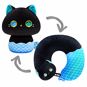 Caaaat Kids Travel Pillow, 2 in 1 Deformable Kids Neck Pillow with U-Shaped Pillow & Cute Cat Animal Reversible Plush Toy for Airplane, Car, Train