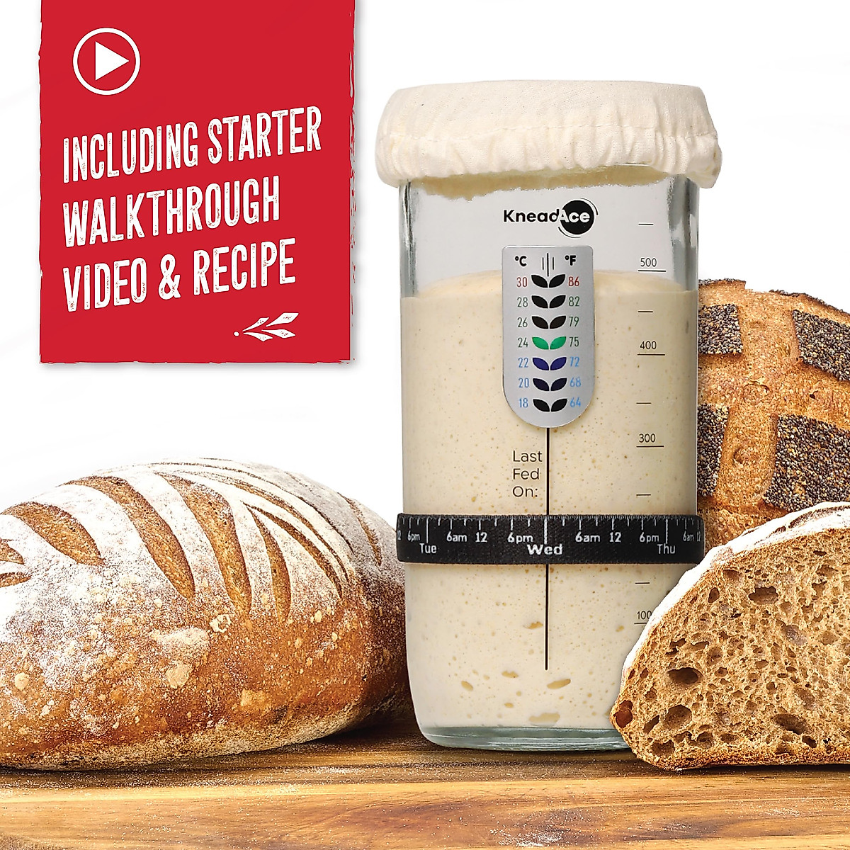 KneadAce Sourdough Starter Jar With Date Marked Feeding Band, Thermometer, Sourdough Jar Scraper, Sourdough Container Sewn Cloth Cover & Metal Lid, Sourdough Starter Kit For Sourdough Bread Baking