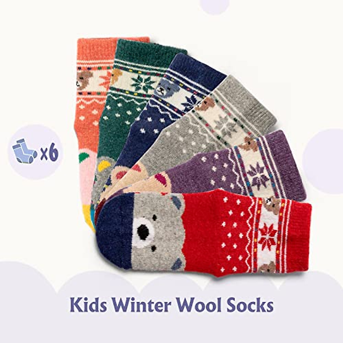 Toddler Girls Wool Socks Kids Thick Winter Warm Socks Thermal Crew Socks for Girls Bears 6 Pack 4-6 Years