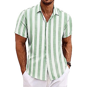 COOFANDY Men's Linen Cotton No Wrinkle Short Sleeve Button Down Shirts Pink Green Stripe