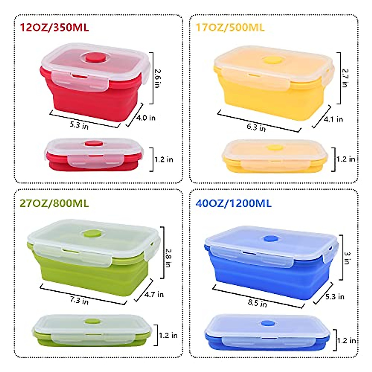 VIGIND Set of 4 Collapsible Foldable Silicone Food Storage Container With BPA Free, Leftover Meal Box With Airtight Plastic Lids For Kitchen, Bento Lunch Boxes-Microwave, Dishwasher and Freezer Safe
