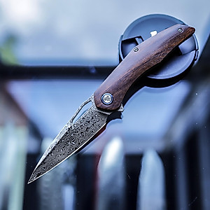 TRIVISA Handmade Pocket Knife,3.62'' 110 Layers Damascus Steel Blade,Front Flipper Wood Handle with Clip,Folding EDC for Men Outdoor Hunting Camping Hiking,Taurus-01i