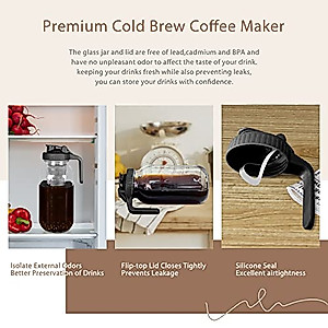 VA1KENE 64oz Cold Brew Coffee Maker - Mason Jar Pitcher With Lid and Spout,No Leaks Iced Coffee Maker With Stainless Steel Filter,Cold Brew Mason Jar for Coffee,Ice Tea,Lemonade and Cold Brew,(Black)