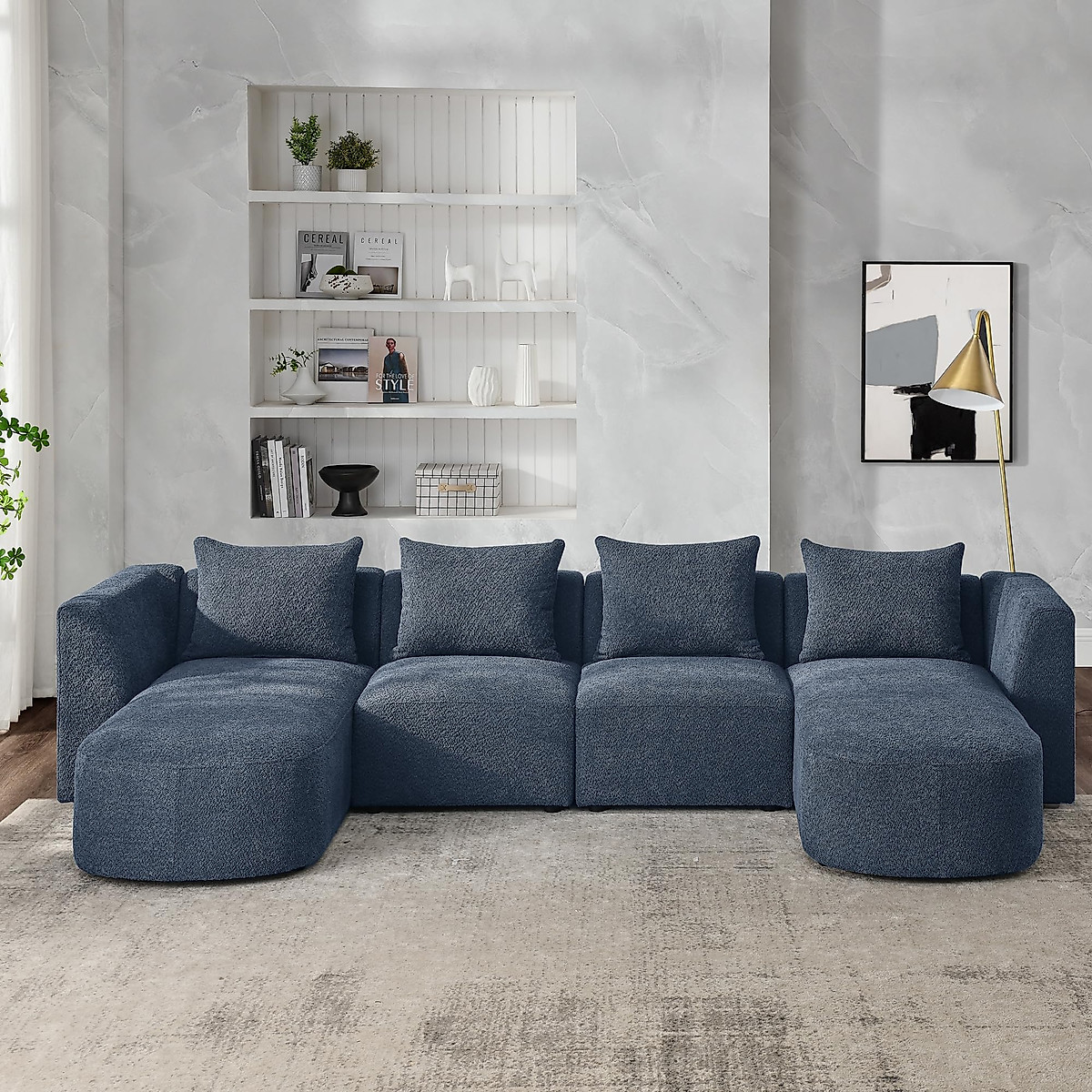 GNIXUU Modular Sectional Sofa, Modern Minimalist Boucle Fabric U-Shaped Sectional Couch, Comfy Double Chaise Lounge 4 seat Couch Set with Pillows for Living Room, Office, Apartment，117Inch(Blue)