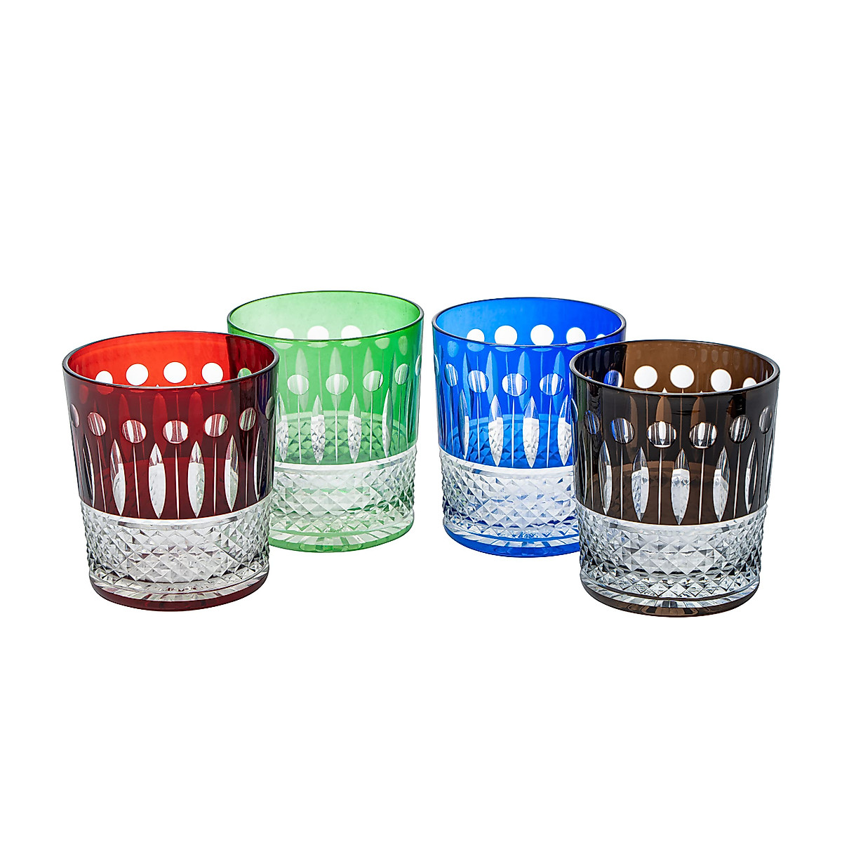 The Wine Savant Crystal Italian Multicolor Design Cups -Set of 4 Whiskey Glasses 8oz 3.5" H Bohemian Venetian Italian Style Red, Blue, Green, Black Glasses, for Dinner Parties, Bars & Weddings