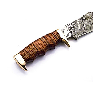 Skokie Knives Custom Hand Made Damascus Steel Hunting Knife Handle Leather Stacked with Brass Spacer (Stacked)
