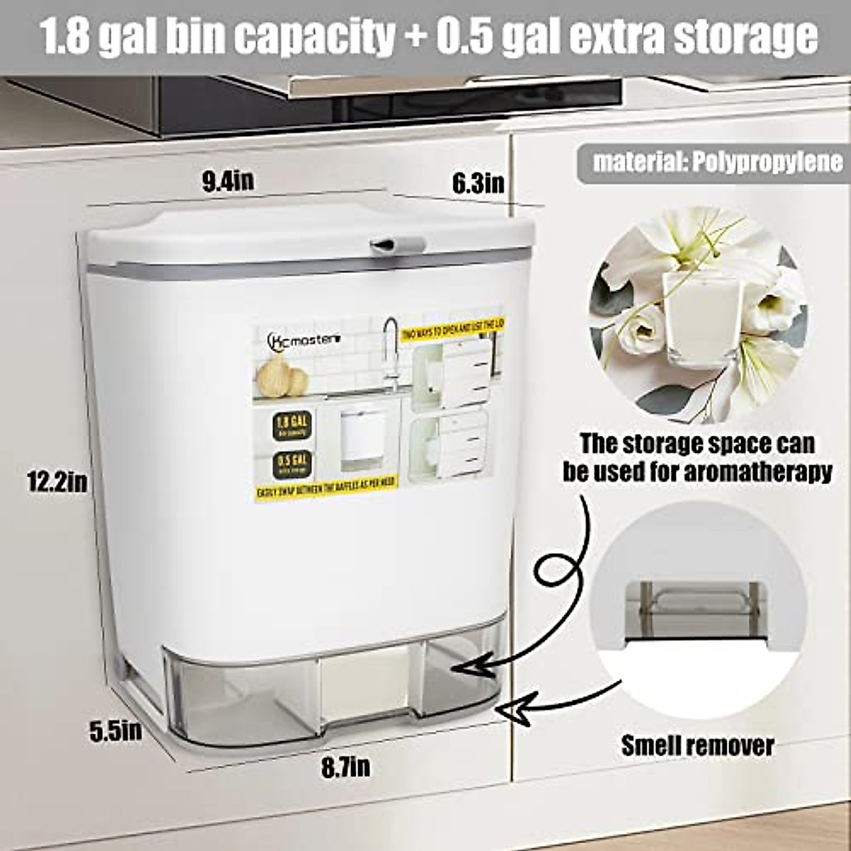 KCmaster Hanging Trash Can - Lightweight Mountable Garbage Can for Convenient Cleaning - Large Capacity Small Counter Trashcan with Extra Storage for Countertop Trash, Food Waste, and More