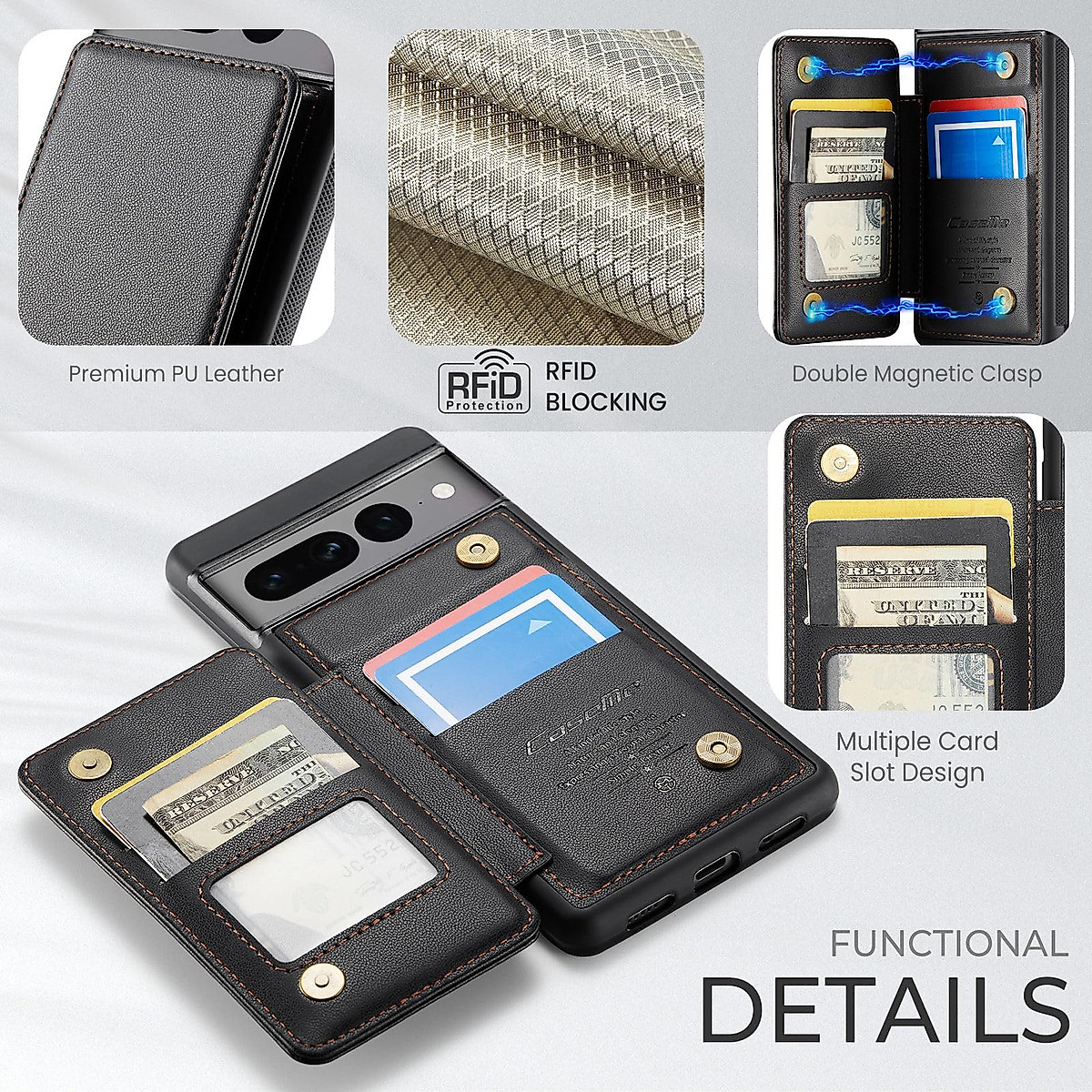 for Google Pixel 7 Pro Case with Card Holder, Wallet Case for Women Men with RFID Blocking, Durable Leather Kickstand Magnetic Clasp Shockproof Phone Case for Google Pixel 7 Pro (Black)