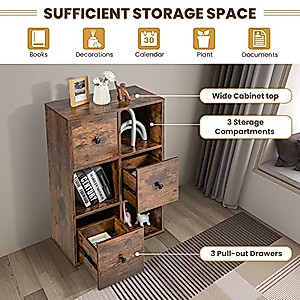 Giantex 6-Cube Bookcase with Drawers, 3-Tier Freestanding Wooden Bookshelf with Anti-toppling Device, Wood Cube Storage Organizer for Kids Room, Living Room, Study, Bedroom, Rustic Brown
