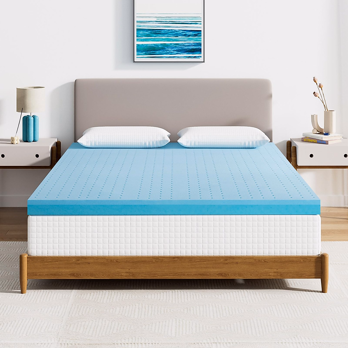 Maxzzz Queen Mattress Topper, 3 inch Cooling Mattress Topper, Memory Foam Gel-Infused Bed Topper, Medium Firm Mattress Topper, CertiPUR-US Certified, Bule