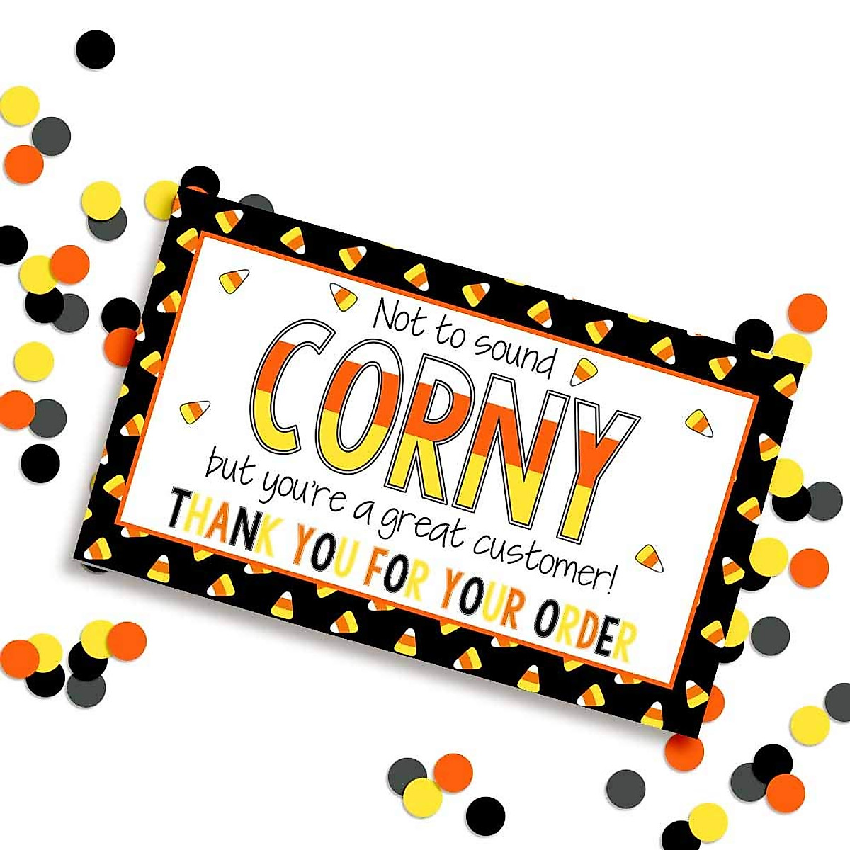 Funny Candy Corn Halloween Treat Themed Thank You Customer Appreciation Package Inserts for Small Businesses, 100 2" X 3.5” Single Sided Insert Cards by AmandaCreation