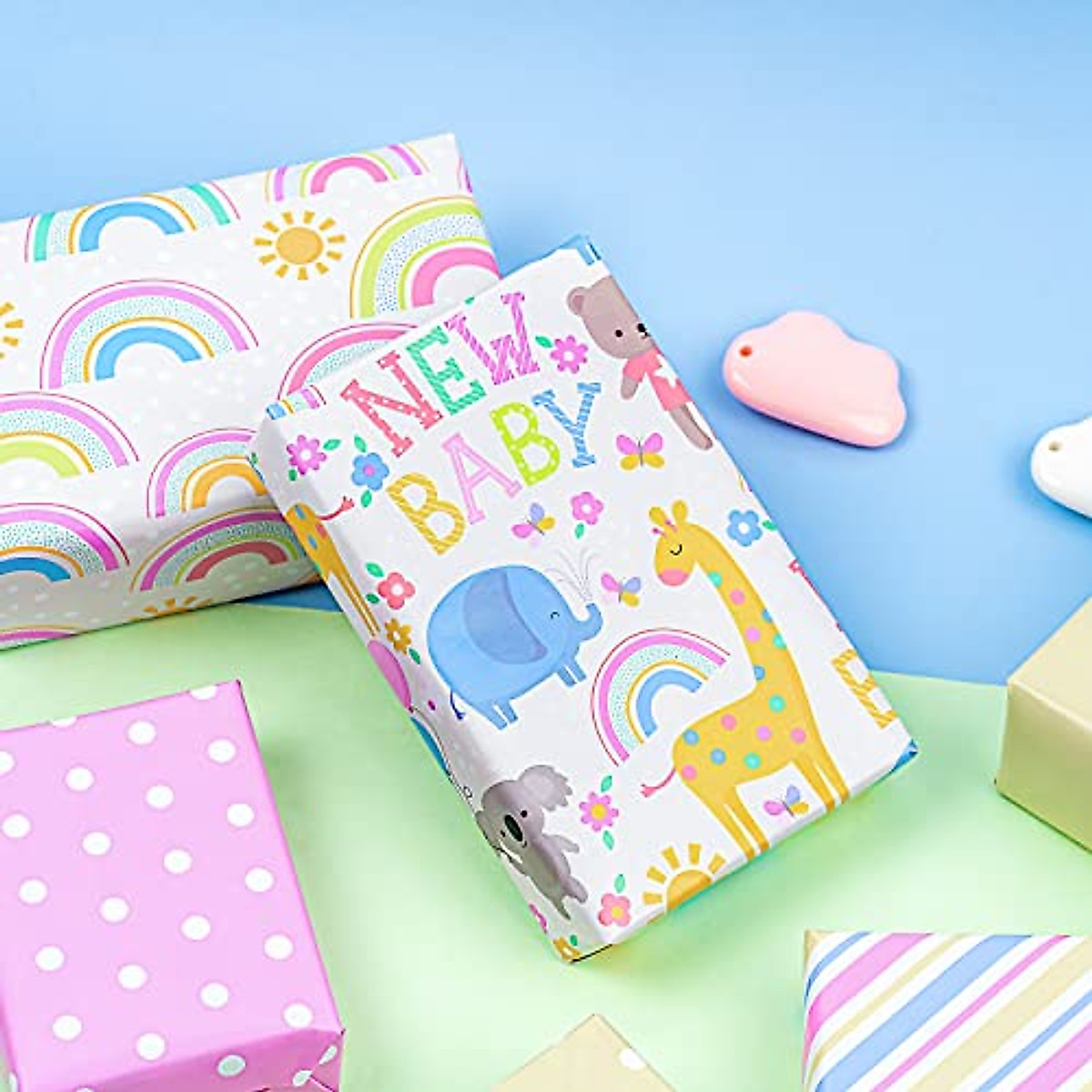 WRAPAHOLIC Reversible Baby Shower Wrapping Paper - Mini Roll - 3 Rolls - 17 Inch X 120 Inch Per Roll - Solid Green, Polka Dot, Stripes, Rainbows, Cute Animals & New Baby Lettering