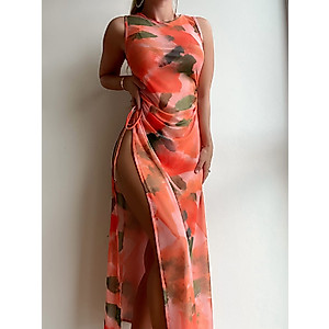 Verdusa Women's Swimsuit Mesh Cover Up High Split Drawstring Bikini Long Dress Multicolored S
