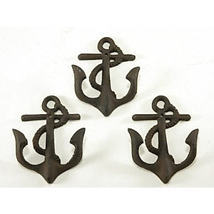 3 pc Cast Iron Anchor Double Wall Hooks Rustic Brown with Hardware
