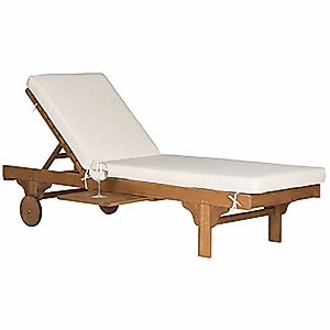 SAFAVIEH Outdoor Collection Newport Natural/ Beige Cushion Built-in Side Table Adjustable Chaise Lounge Chair