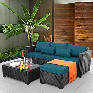 Rattaner 3 Pieces Patio Furniture Set Outdoor Sectional Wicker Patio Furniture Patio Couch with Ottoman and Outdoor Storage Table All-Weather Anti-Slip Cushions Waterproof Covers, Peacock Blue