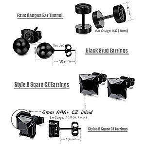 FIBO STEEL 10 Pairs Stainless Steel Black Stud Earrings for Men Women Huggie Earring Ear Piercing Set Hoop
