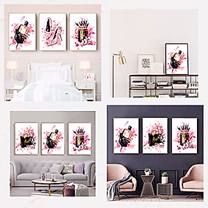 Women Fashion Canvas Wall Art ,Pink Bedroom Wall Decor, Perfume Modern Art Posters，Fashion High Heels, Makeup Brush, , Girls Room Decor, Black and Pink Fashion Poster