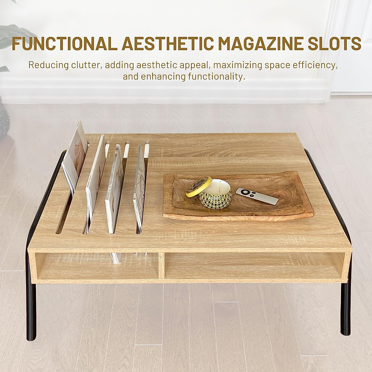 FurnitureR Modern Coffee Table with Open Storage Shelf, Rectangle Tabletop Wood Tea Cocktail Living Room Center Table, Oak