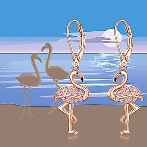 Flamingo Earrings for Women Sterling Silver Cute Bird Animal Rose Gold Pink Flamingo Dangle Hypoallergenic Christmas Holiday Summer Gifts