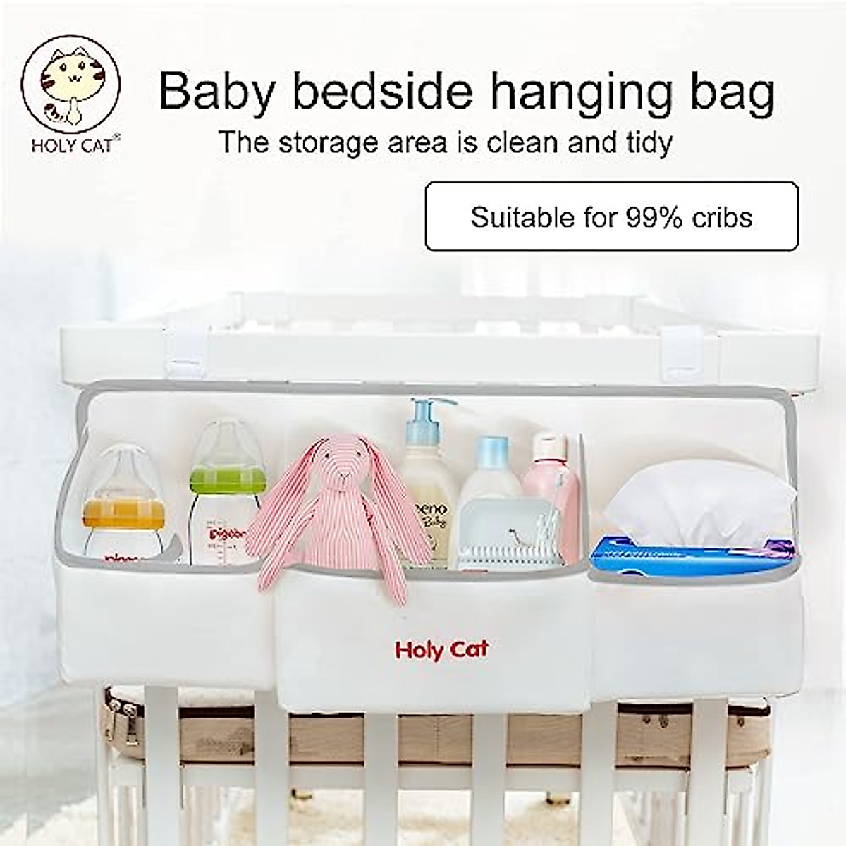 Holy Cat Hanging Baby Diaper Caddy Organizer with Paper Pocket for Changing Table Crib Playard Organization Nursery Organization Hanging Nursery-white