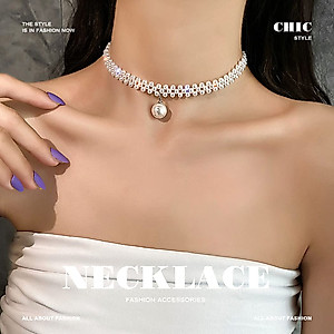 Jeairts Pearl Choker Necklace Silver Crystal Short Necklaces Row Pearl Pendant Necklace Jewelry for Women and Girls