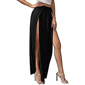 Verdusa Women's Elastic Waist High Split Wrap Flowy Long Maxi Skirt Black L