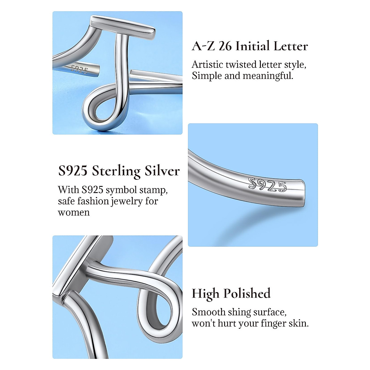 SILVERCUTE Initial J Ring Stacking Alphabet Monogram Jewelry 925 Sterling Silver Letter Ring for Women