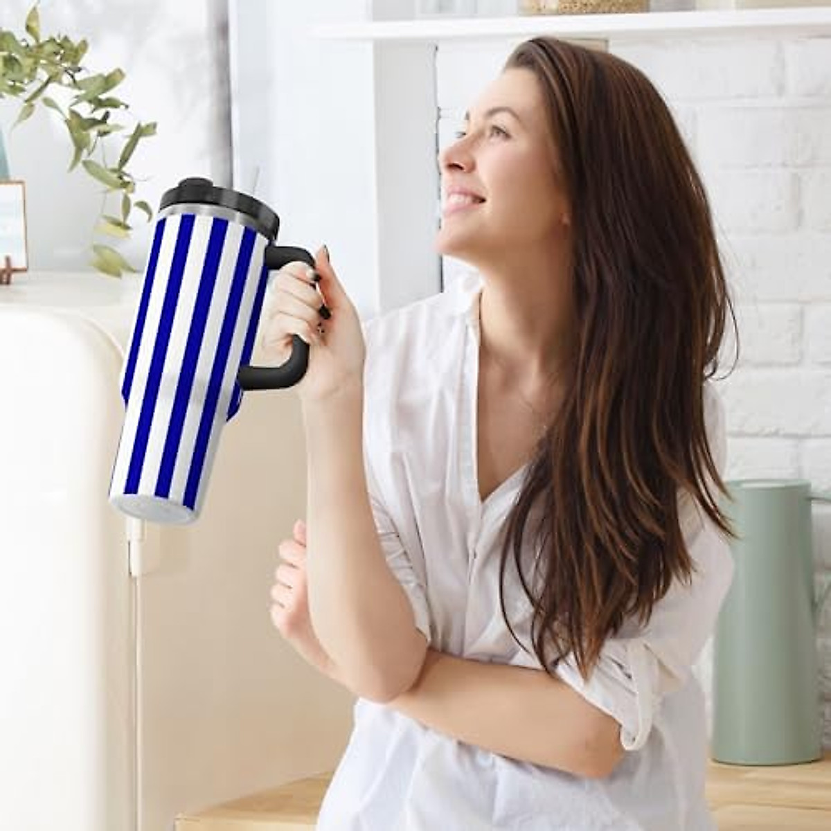 Flradish 40oz Tumbler with Handle, Navy Blue White Stripes Stainless Steel Tumbler with Lid and Straws Double Wall Vacuum Insulated Leakproof Coffee Travel Mug