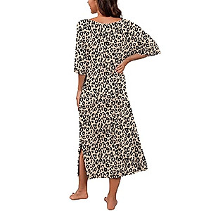 PrinStory Womens Long Nightgown Round Neck Nightshirts Short Sleeve Loose Loungewear Casual Sleep Dress With Pockets FP-Leopard Khaki-X-Large