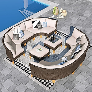 Sophia & William Oversized Half-Moon Outdoor Patio Furniture Set, 12 Piece Curved Outdoor Sectional Sofa Set Rattan Patio Conversation Set with 4 x Curved Sofa, 2X Armless Sofa, 2 x Ottoman, Beige