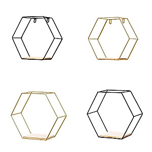Rendeyuan Hexagonal Iron Stand Small Pot Wall Shelving Holder Home Shelf Storage Holder Decorative Shelves Floating Shelves - Gold - 24x9.5x20.5cm