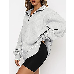 AUTOMET Womens Half Zip Oversized Sweatshirts Quarter Pullover Hoodies Long Sleeve Sweaters Fall Outfits Winter Clothes Grey S
