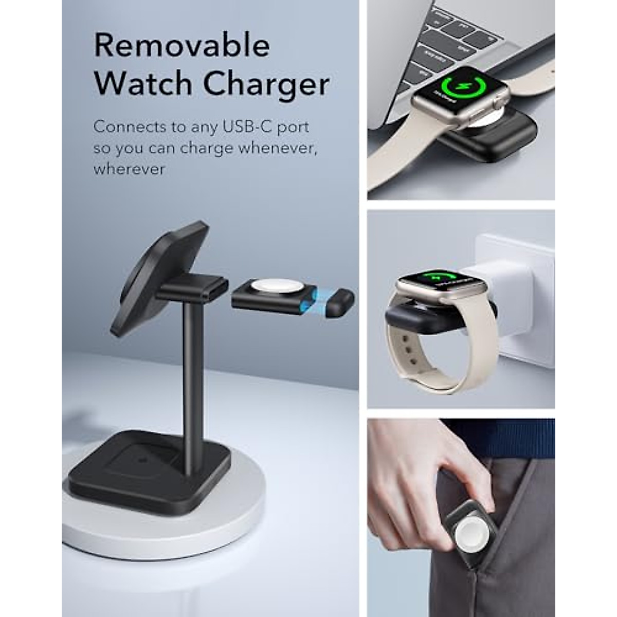 ESR 3 in 1 Wireless Charging Station for Apple [Certified] Portable Apple Watch Charger & MagSafe Charger Stand for iPhone, Wireless Charger for Multiple Devices iPhone 15/14/13/12&Watch&AirPods,Black