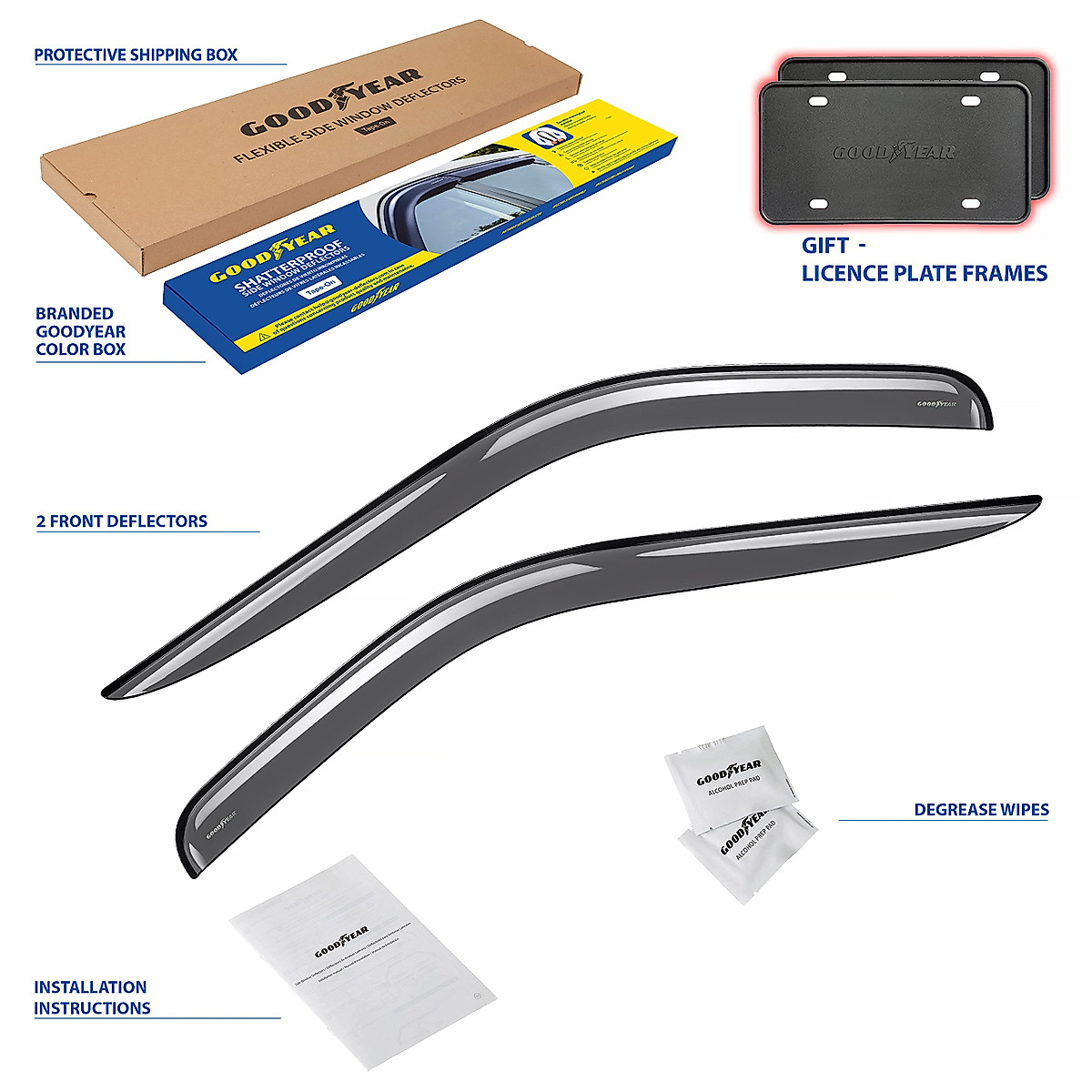 Goodyear Shatterproof Window Deflectors for Ford Transit 2014-2024, Tape-on Rain Guards, Window Visors, Vent Deflector,Vent Visor, Car Accessories, 2pcs - GY003242LP