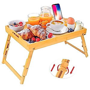 Bellsal Large Bamboo Bed Tray Table, Large Breakfast Tray - 19.7x13 Inch with Adjustable Legs, Multipurpose Serving Tray Use As Portable Laptop Tray, Snack Tray, Platter Tray for Working, Eating